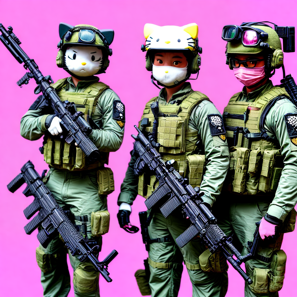 2 Tactical Hello Kitty Cats in full pink SWAT suit Standing and holding ...