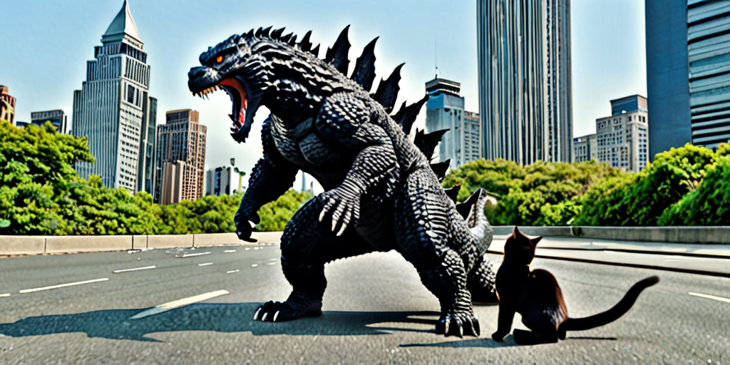 Godzilla fighting giant black cat