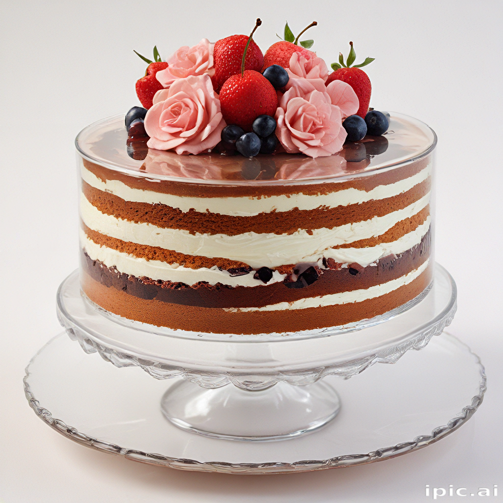 Delicious Layered Cake Topped with Fresh Strawberries and Elegant Roses