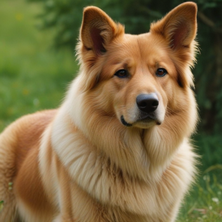 A Beautiful Golden Dog Posing Gracefully in a Lush Green Field.