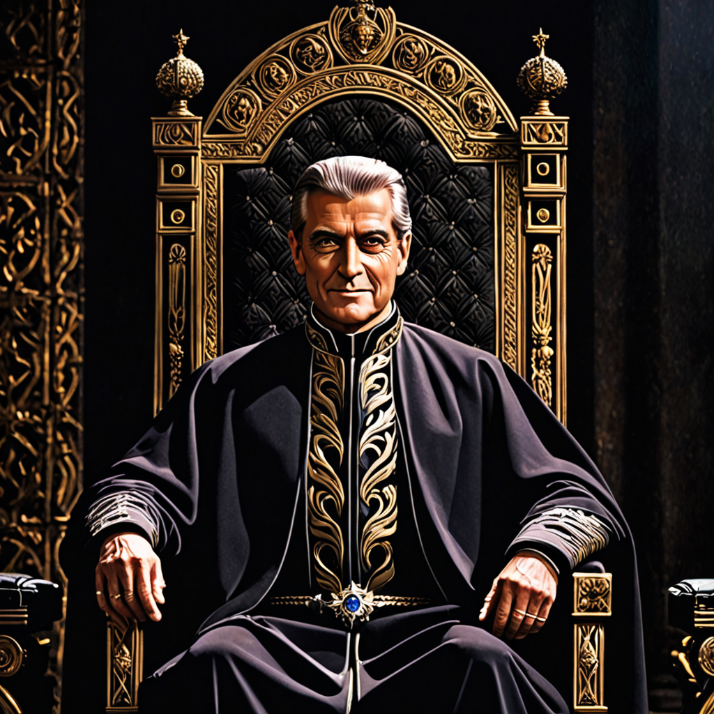 sadistic emperor smiling in the dark sitting on his throne