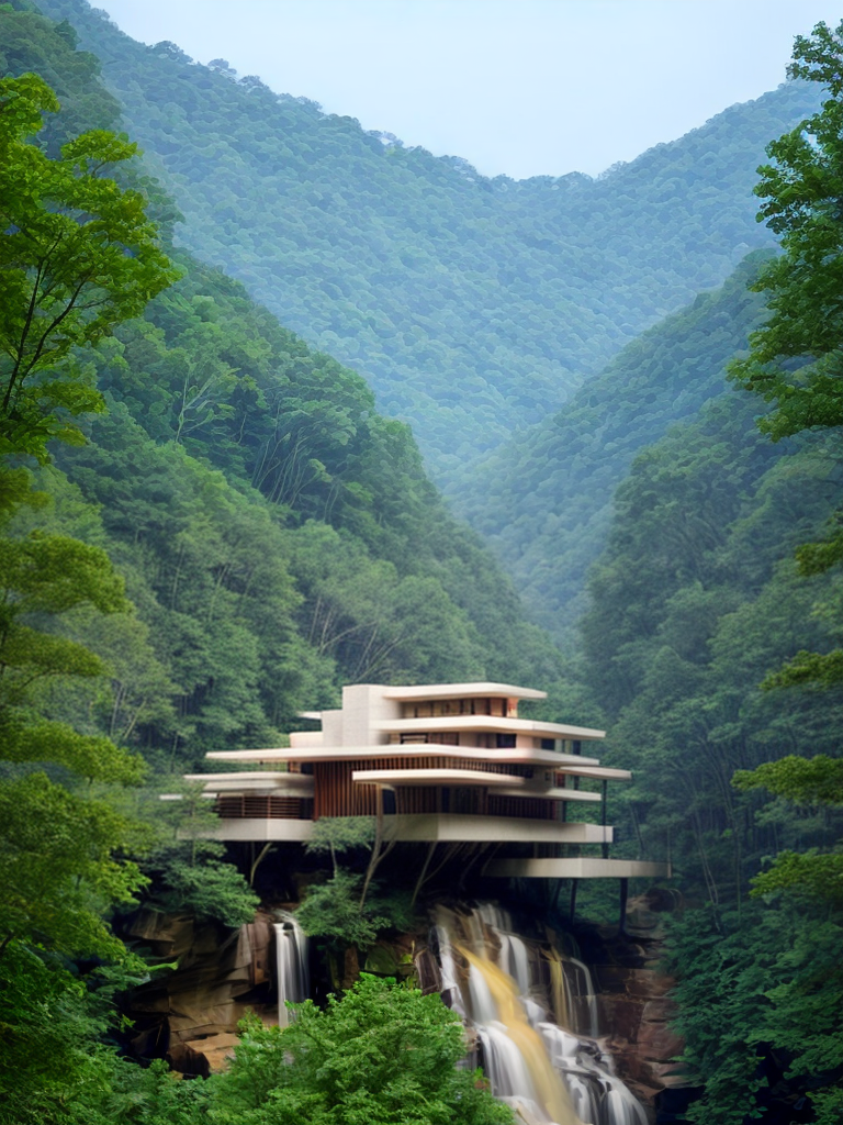 A frank Lloyd Wright style house above a multi layer waterfall in the ...
