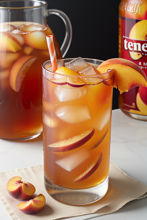 Refreshing Peach Iced Tea with Slices and a Striped Straw Garnish.