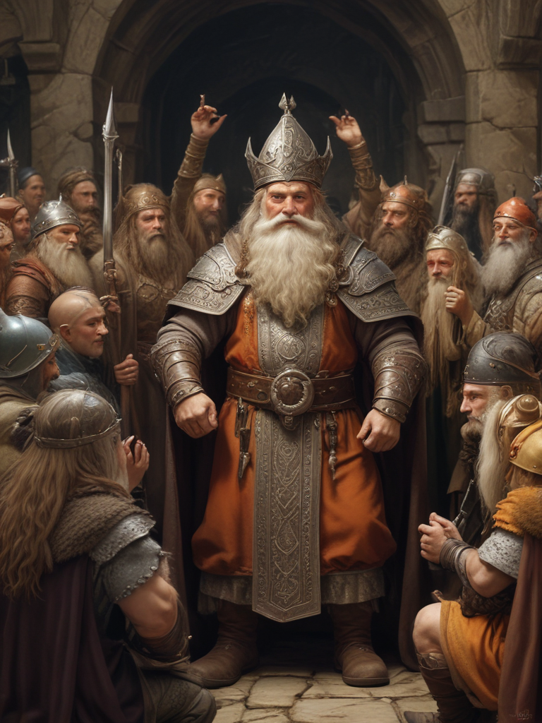 dwarven king being crowned by a counsil of dwarves and a human