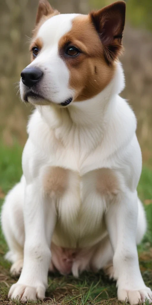 A Beautiful Dog Sitting Calmly in the Green Grass Outdoors.
