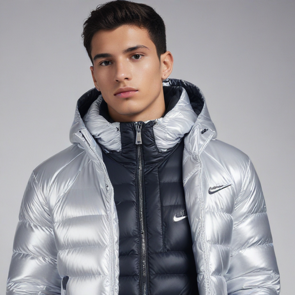 Male supermodel nike shiny puffer jacket bling jewellery hood