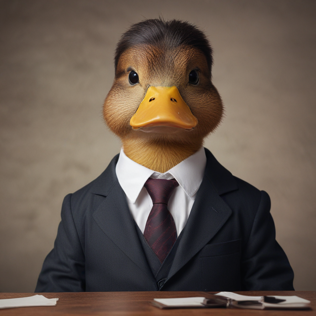 Duck in a suit working as a lawyer