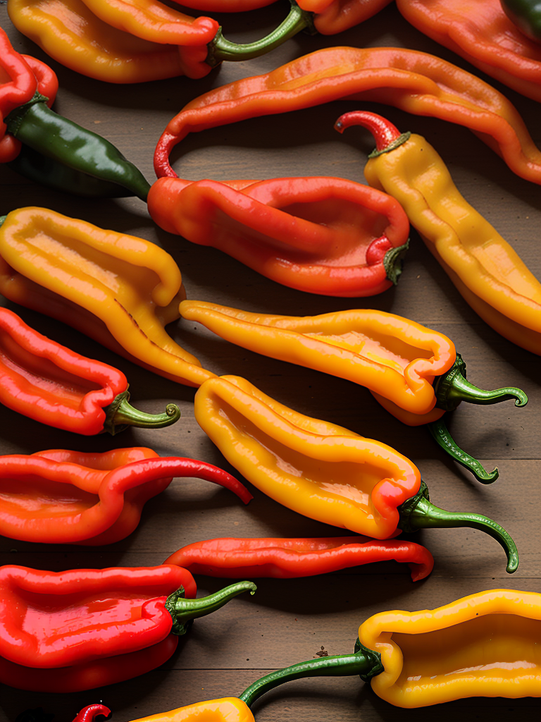 Vibrant Assortment of Colorful Peppers Displayed on a Rustic Wooden Table