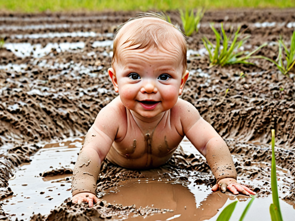 Baby in mud drink it