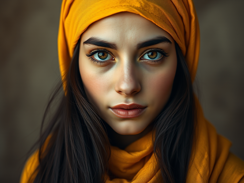 A Captivating Portrait of a Young Woman in a Bright Yellow Headscarf.