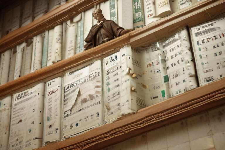 An Intricate Display of Old Books and a Thoughtful Sculpture