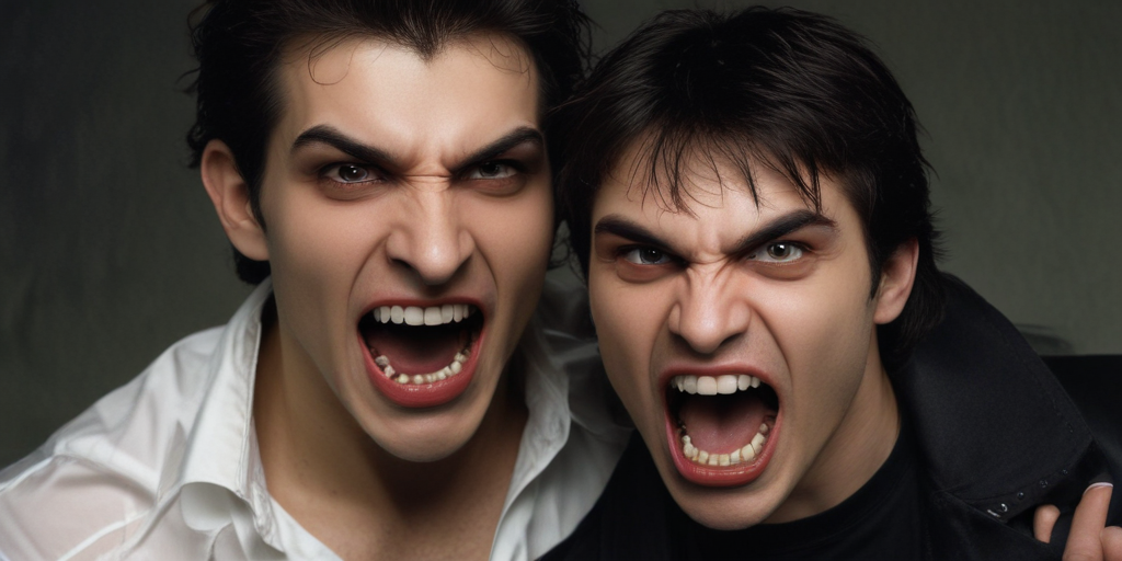 vampire with long fangs baring his fangs after feeding on a human