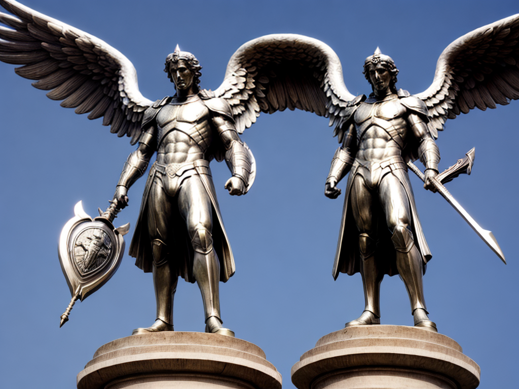 male guardian angel statue with shield and spear