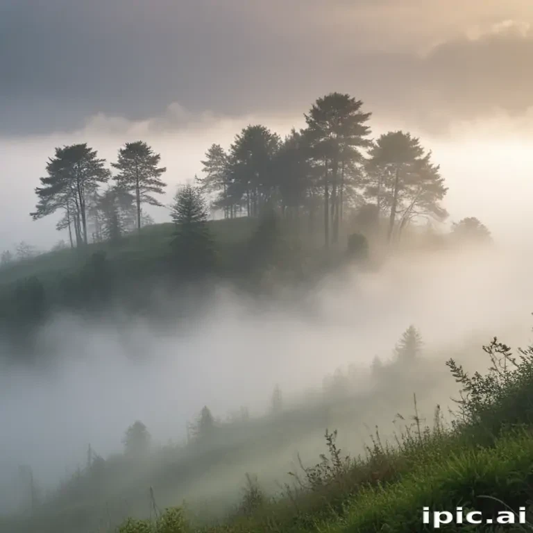 Misty Landscape at Dawn with Silhouetted Trees on a Hilltop.