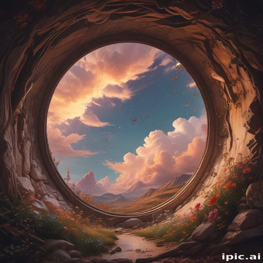 Enchanting Landscape View Through a Round Portal Surrounded by Nature's ...
