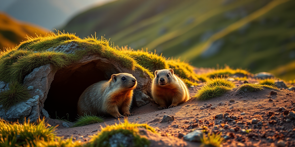 Two Curious Marmots Emerging from Their Cozy Burrow at Sunset.