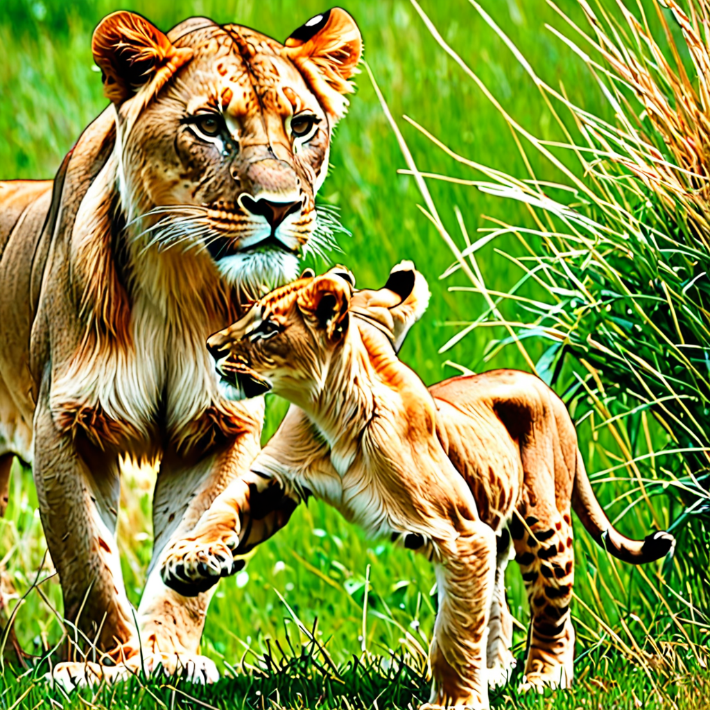 Cub is coming out from the lioness rear