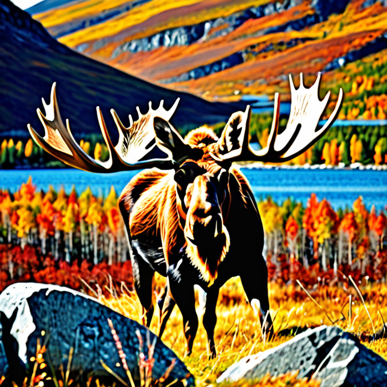 realistic moose on a field near the fjord with the background of a ...