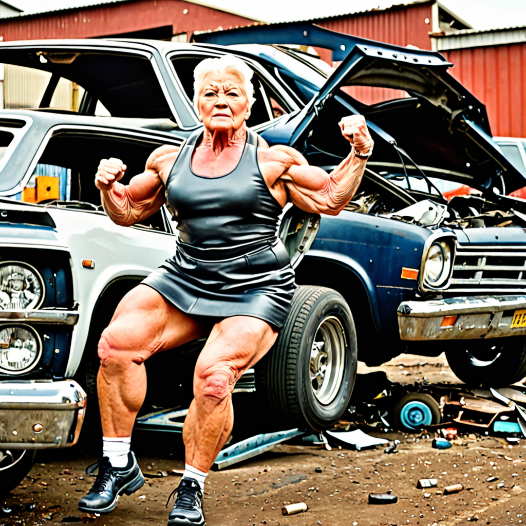 A very strong muscular elderly female very overweight bodybuilder in a ...
