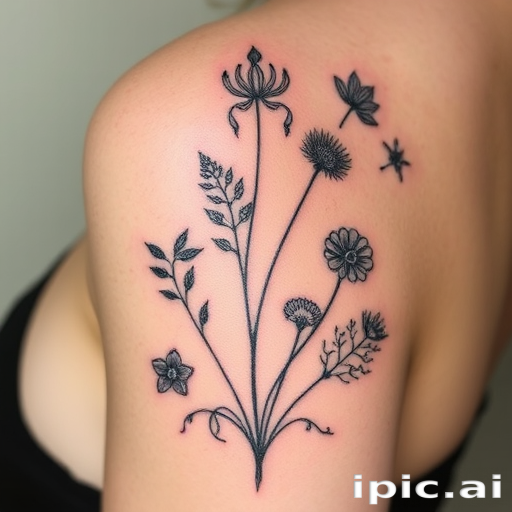 Elegant Floral Tattoo Design Showcasing Various Botanical Elements on Skin