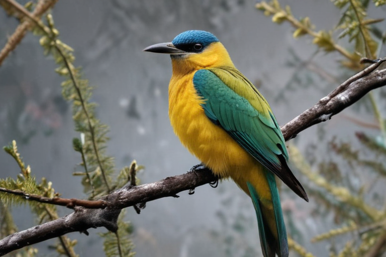 A Vibrant Blue and Yellow Bird Perched on a Branch Amidst Fog