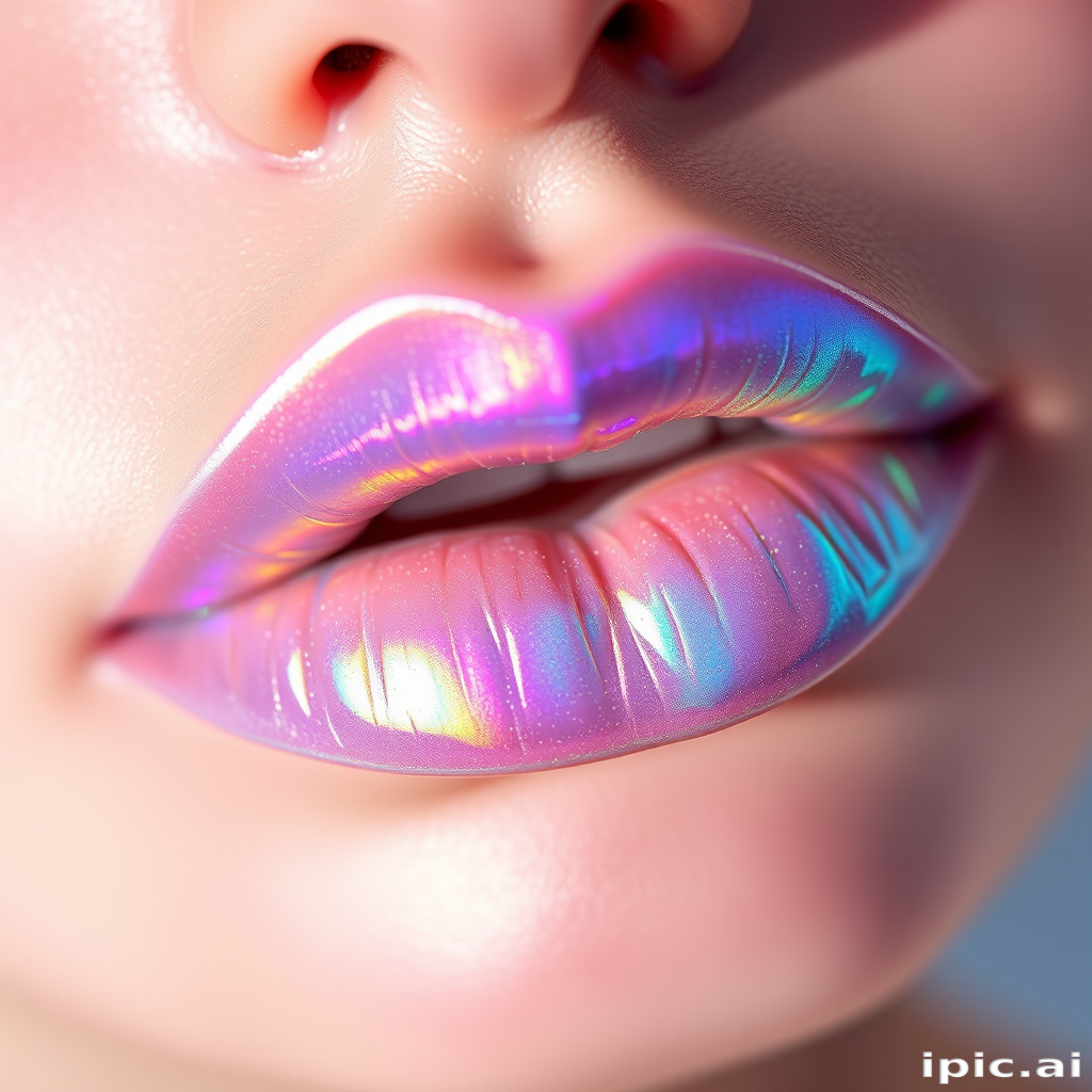 Close-Up of Glossy, Iridescent Lips Reflecting Light in Vibrant Colors
