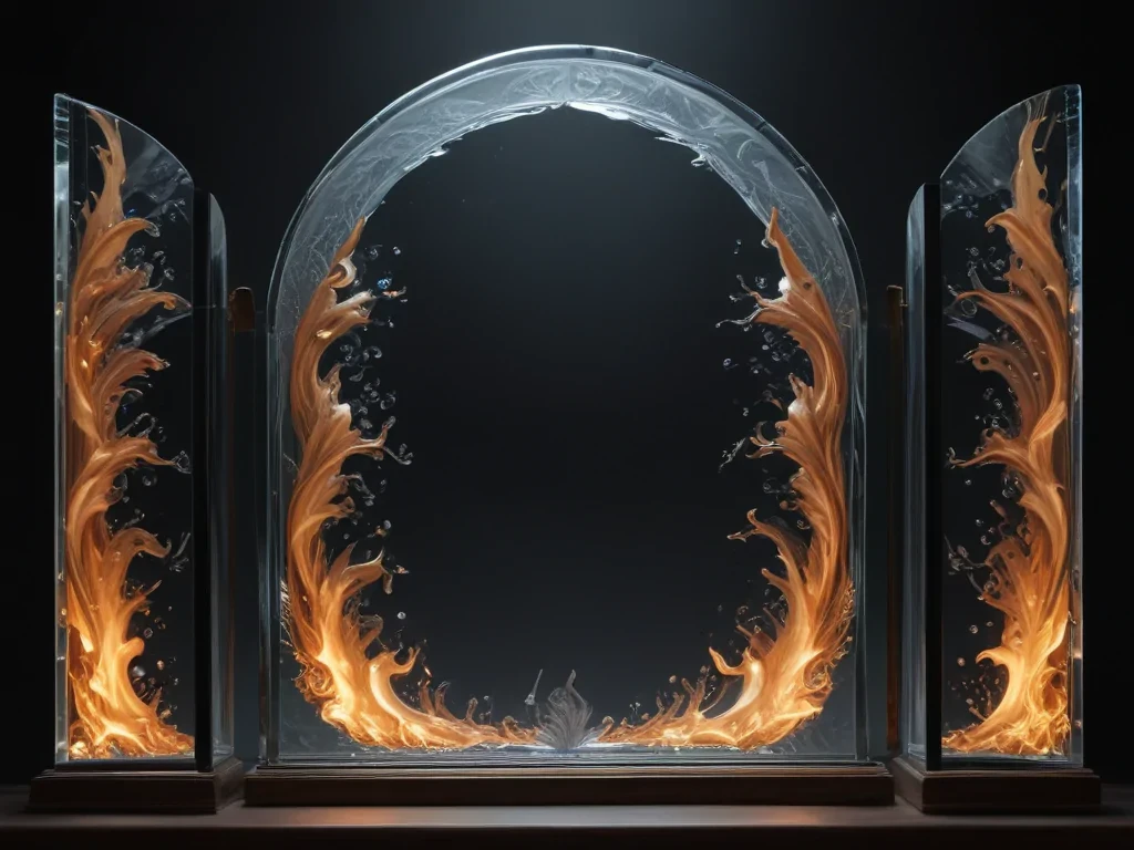 An Ethereal Portal Framed by Fiery Waves and Intricate Glass Design