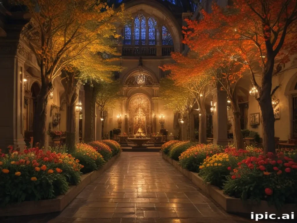 Autumn Serenity in a Beautifully Illuminated Grand Indoor Garden Space