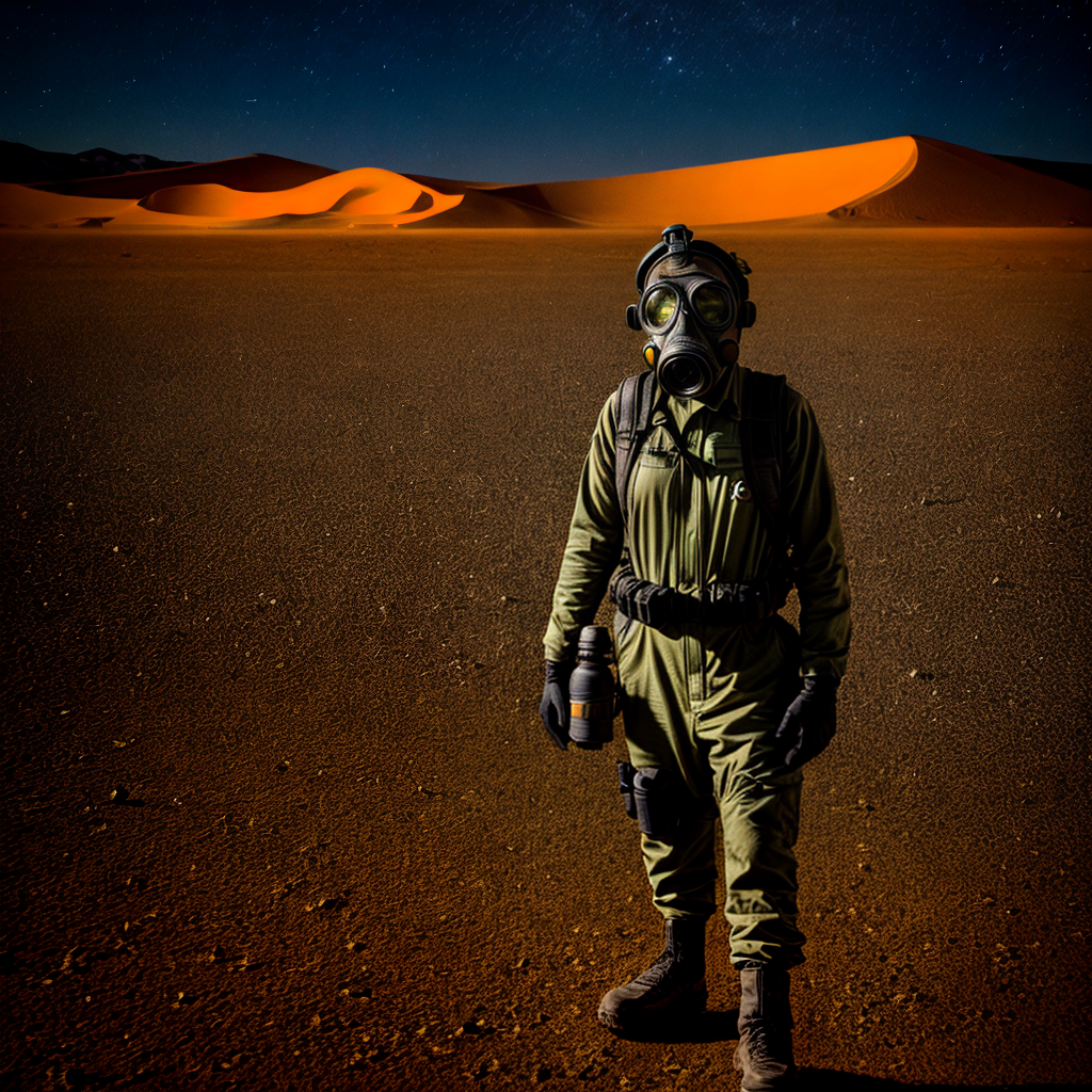 Scientist with a gas mask in a desert at night