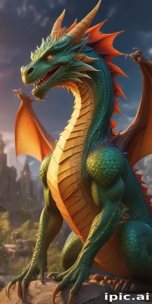 Majestic Green Dragon with Fiery Eyes and Stunning Scales in a Fantasy ...