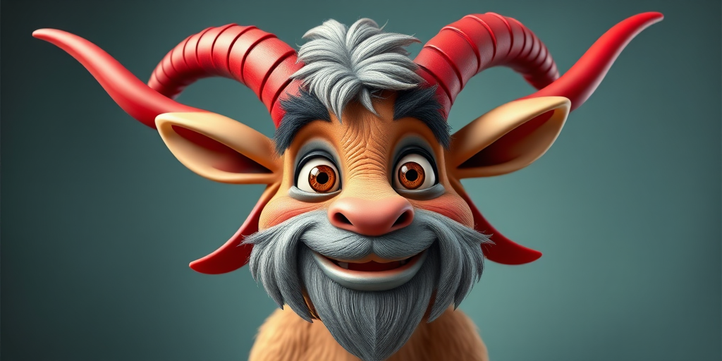 Create a stylized cartoon image of a whimsical goat man character with ...
