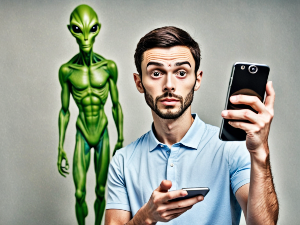 man turns into half alien and half man while looking at a smartphone