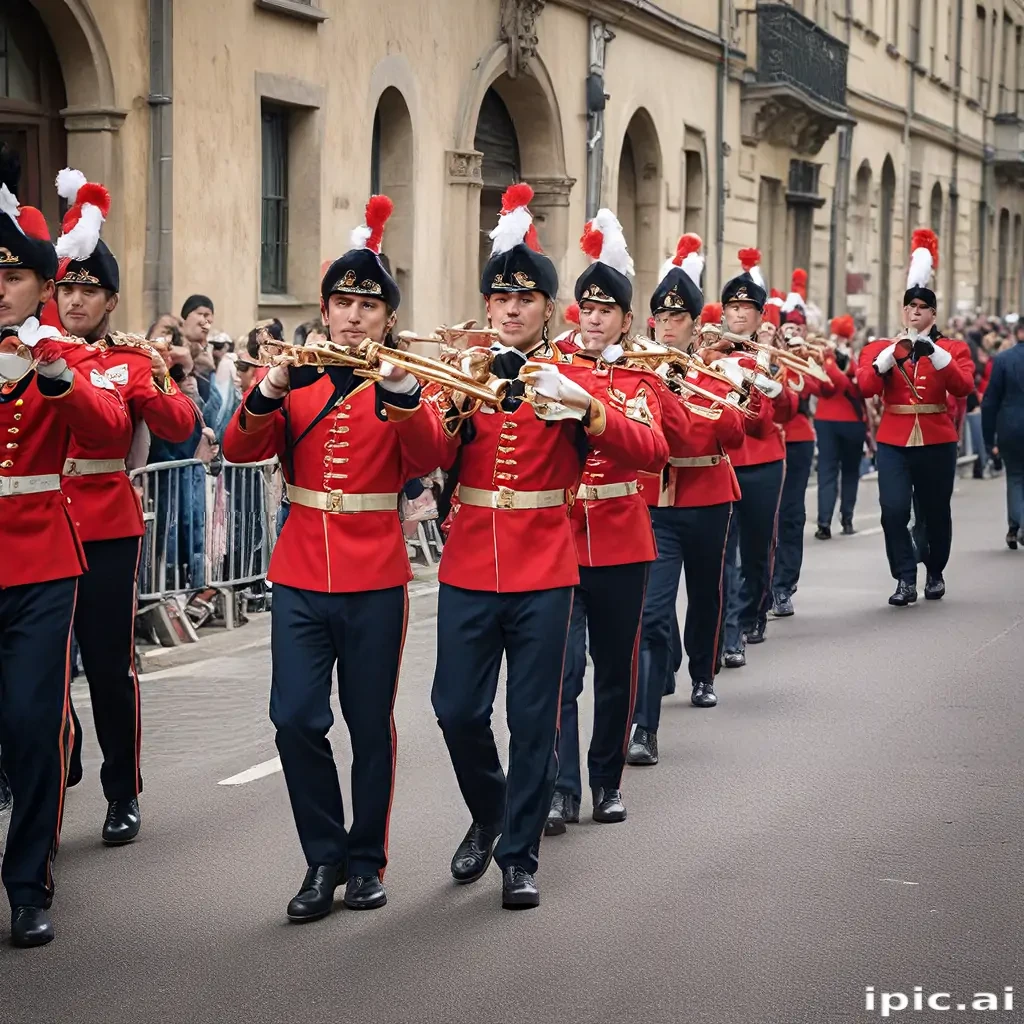 Marching Band in Red Uniforms Performing in a Vibrant City Parade