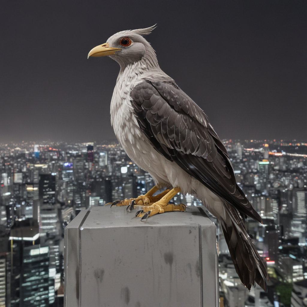 Robotic bird on top of tokyo building at night