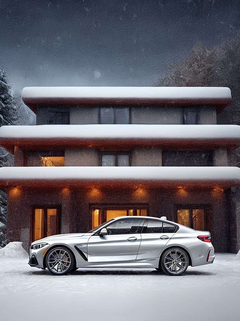 Xmas scene outdoors with soft falling snow on beautiful BMW with logo ...