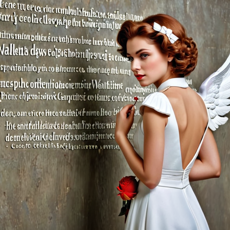Cupid looking at wall of text saying ЛЕНА on Valentine's Day