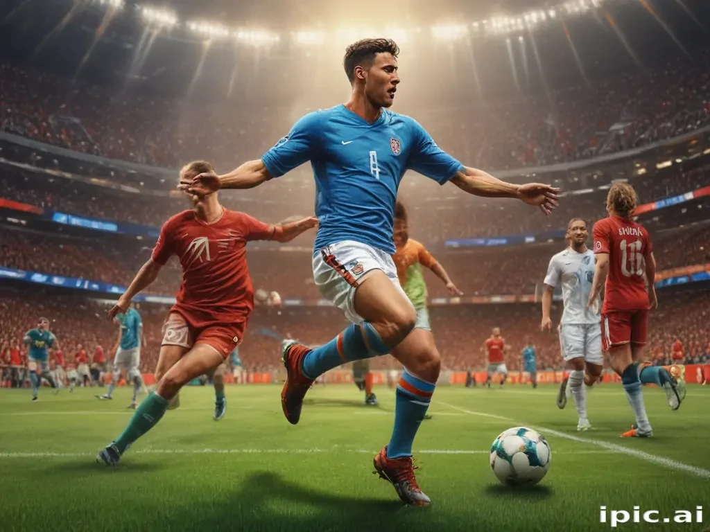 Exciting Soccer Match Action: Players Compete in a Packed Stadium