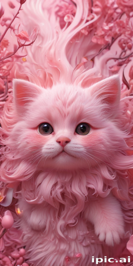 Whimsical Pink Cat Surrounded by Enchanting Blossoms and Dreamy Textures