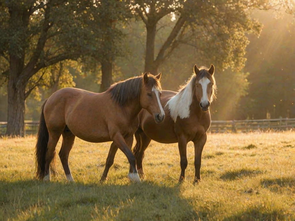 Two Majestic Horses Enjoying a Serene Sunset in a Pastoral Landscape