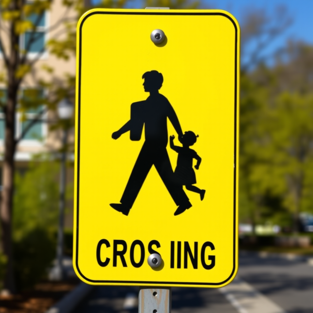 Bright Yellow Sign Indicating Safe Crossing for Children and Adults