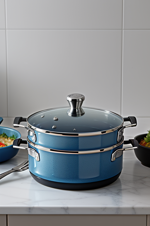 Stylish Blue Steamer Pot with Lid on a Modern Kitchen Counter