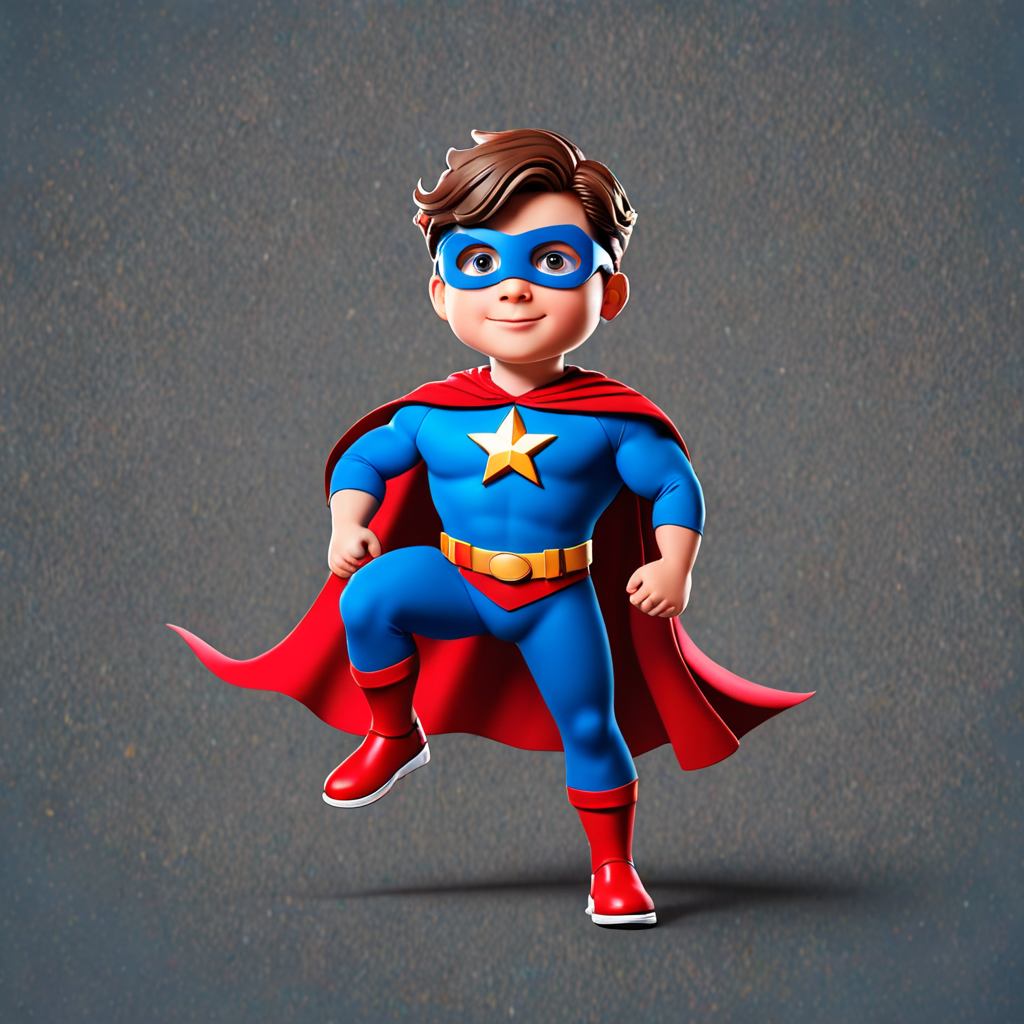 cartoon kid super hero with blue outfit and cape with a star
