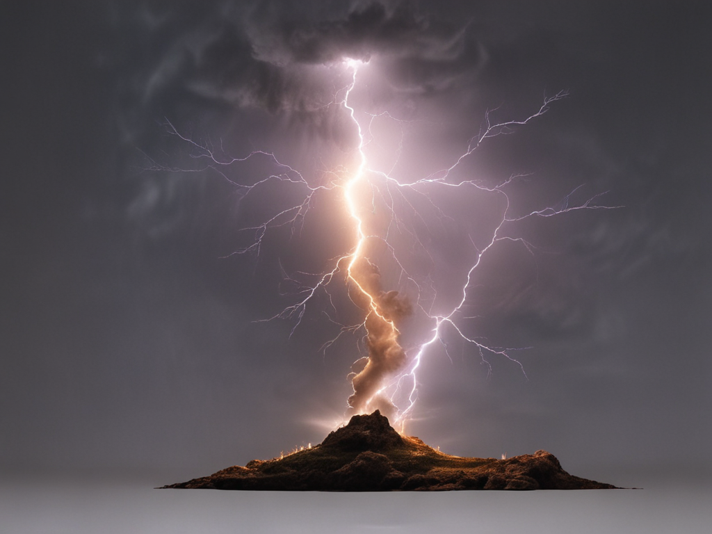 Majestic Lightning Striking a Volcanic Island Under Dramatic Stormy Skies