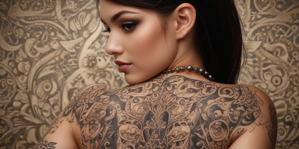 Intricate Tattoo Art Adorning a Beautiful Woman's Back in Elegant Setting