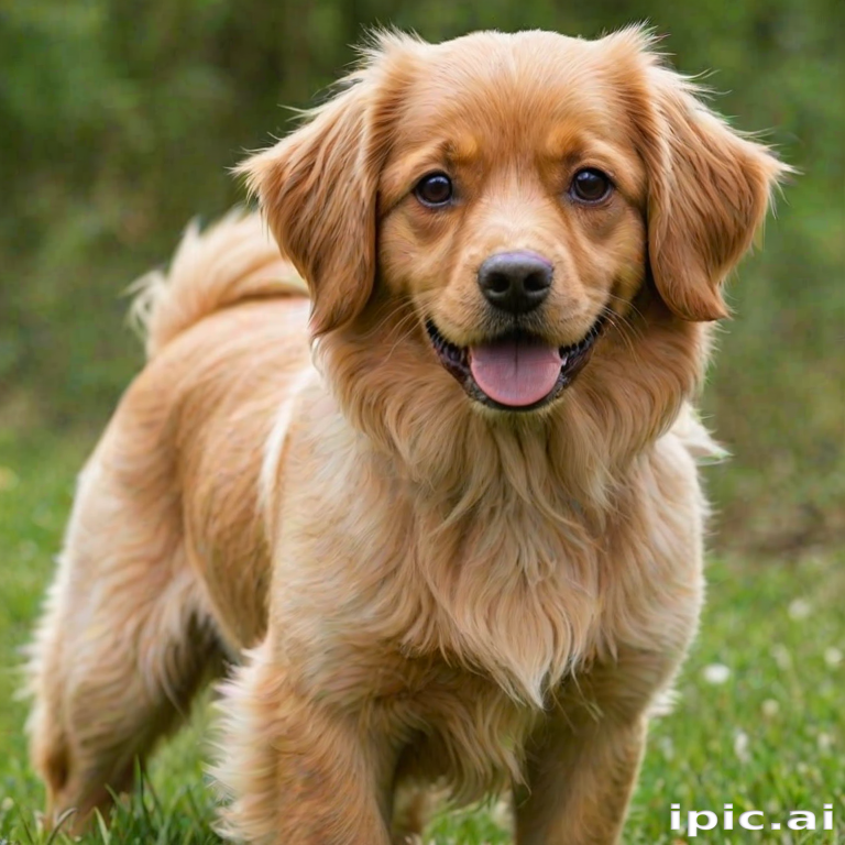 A Happy Golden Dog with Fluffy Fur Standing in a Green Field.