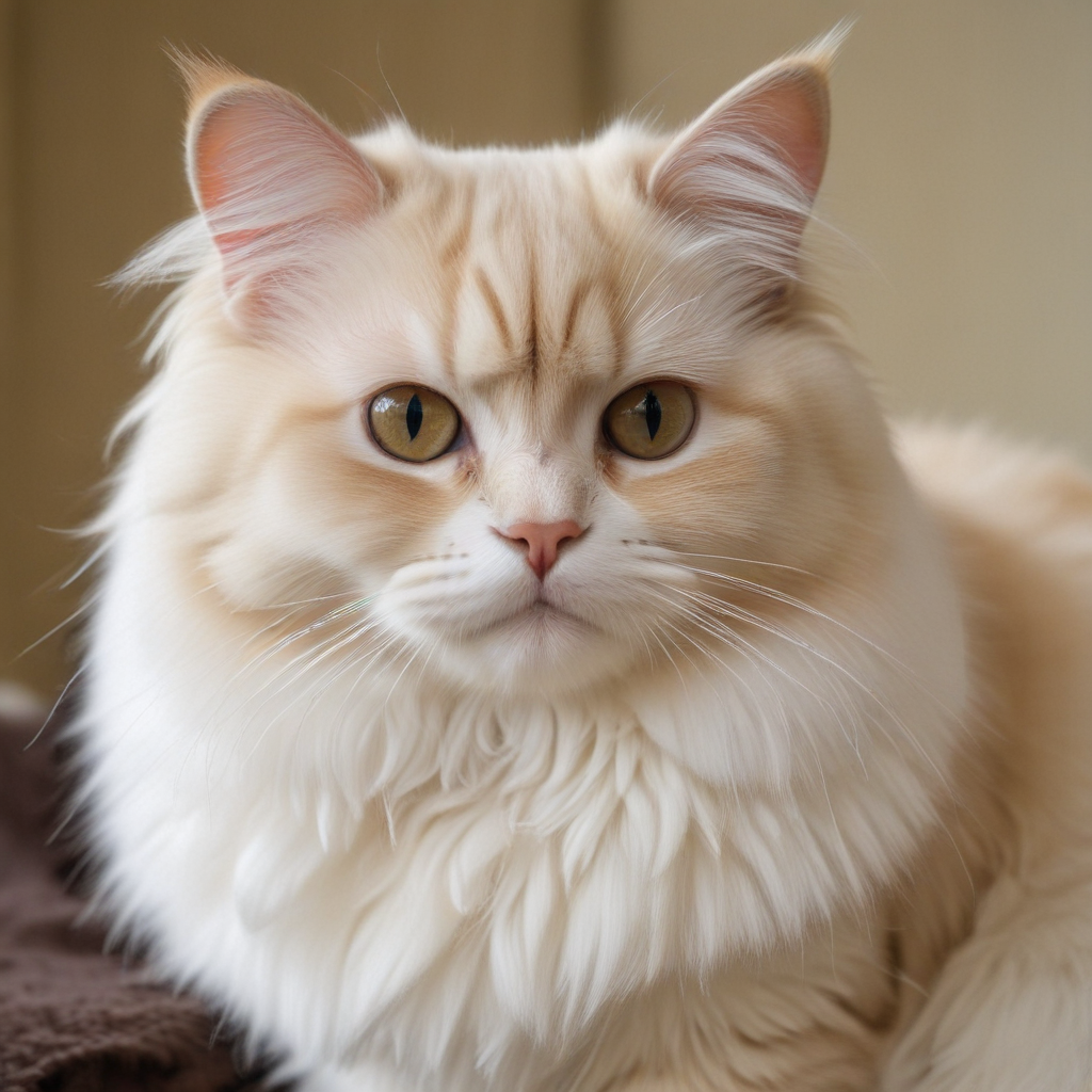 A Majestic Cream-Colored Cat with Lush Fur and Striking Eyes.