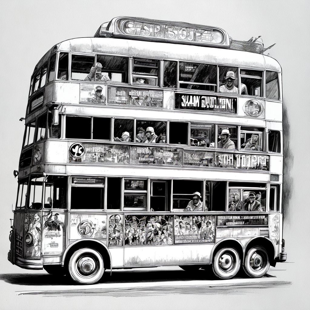 a simple hip hop BUS in the street. COMIC BOOK. SKETCH STYLE. BLACK AND ...