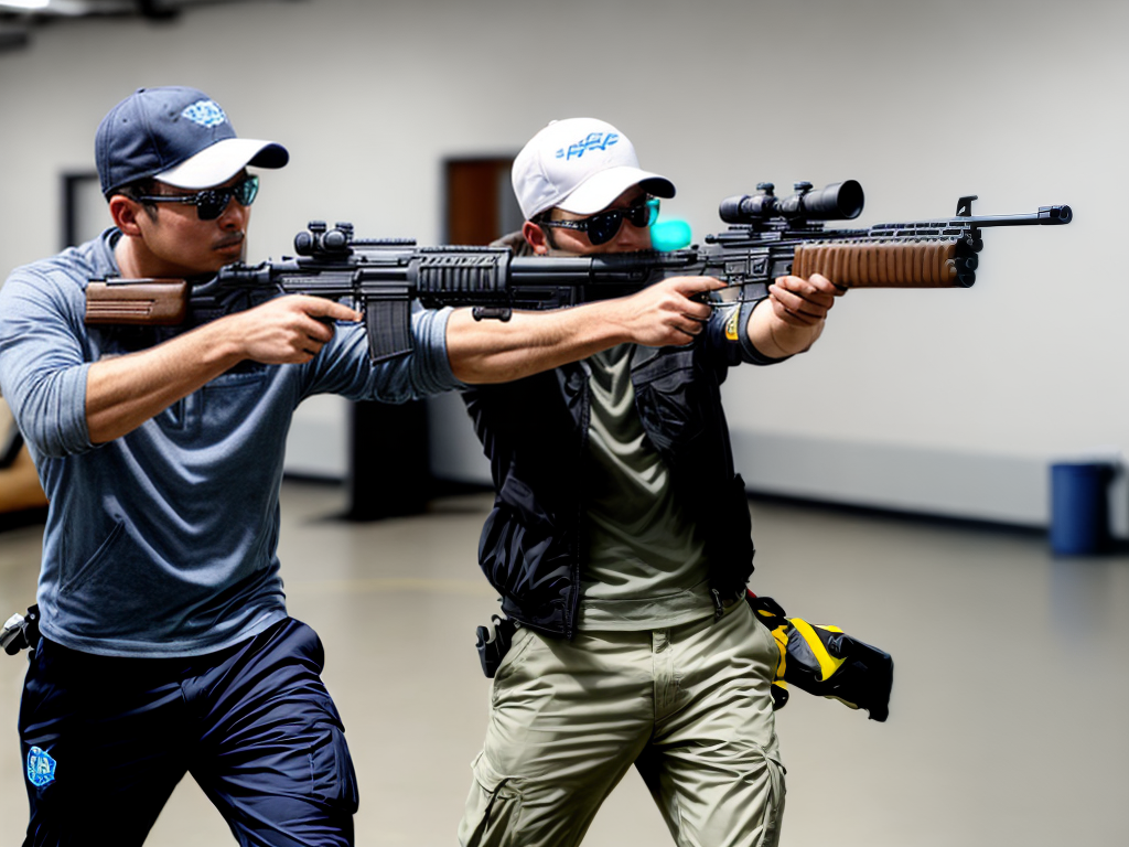 a man with a gun aiming and shooting two men with cap back face at ...