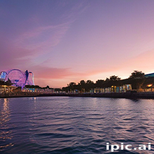 Beautiful Sunset Over a Tranquil Lake with Amusement Park in View