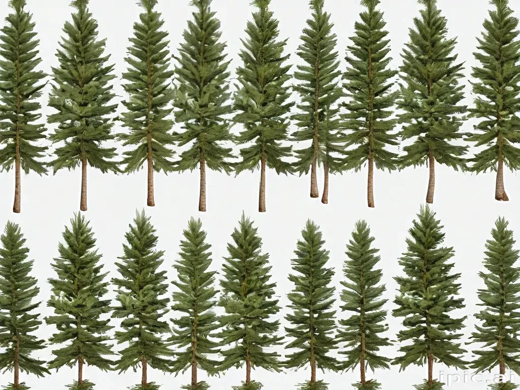 A Repeating Pattern of Tall Pine Trees Against a White Background